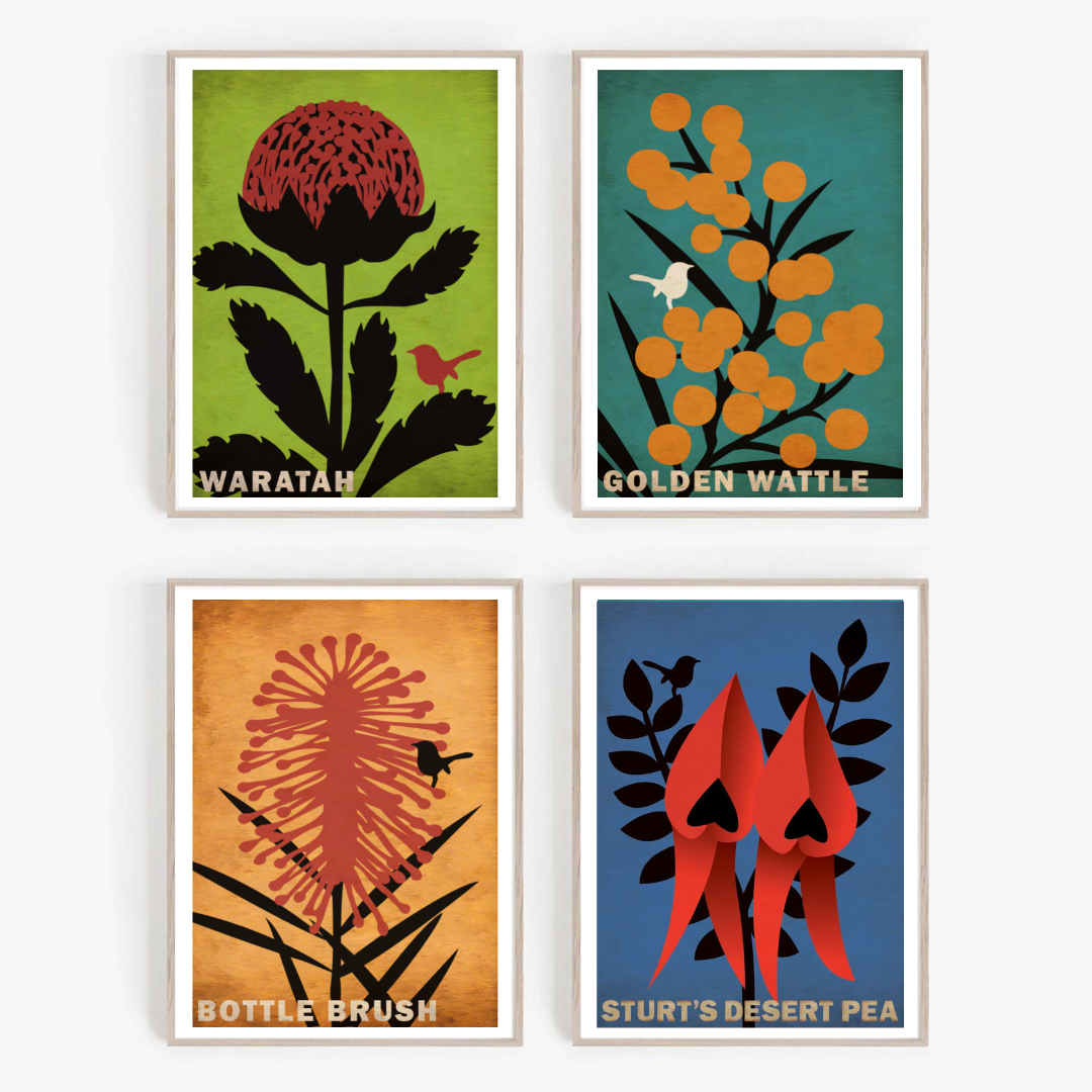 Australian Flowers Art Prints Waratah Golden Wattle Bottle Brush – La ...