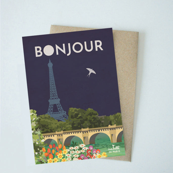Bonjour Paris Floral Eiffel Tower - Australian Made Bird Greeting Card ...